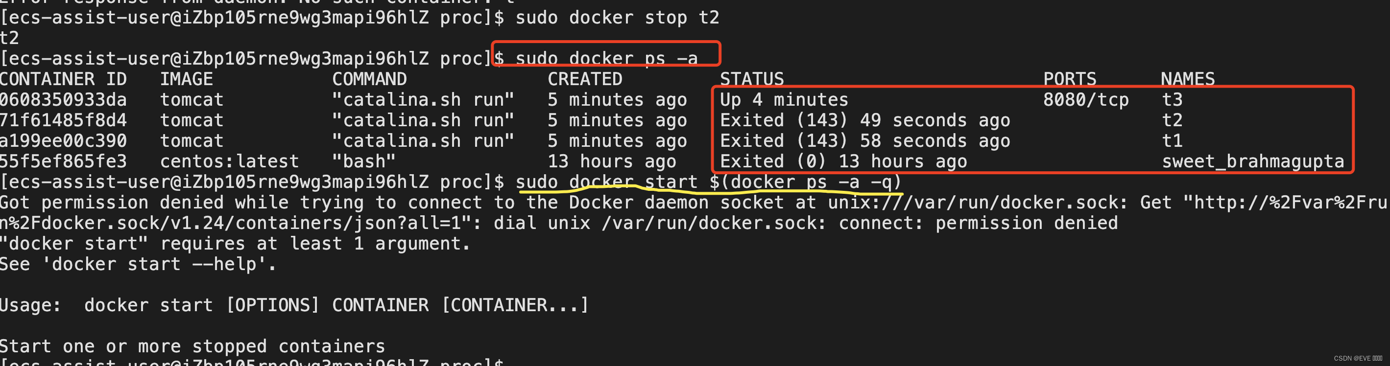 Docker命令执行sudo docker start $(docker ps -a -q)报错Permission denied_sudo docker ps -a提示password-CSDN博客