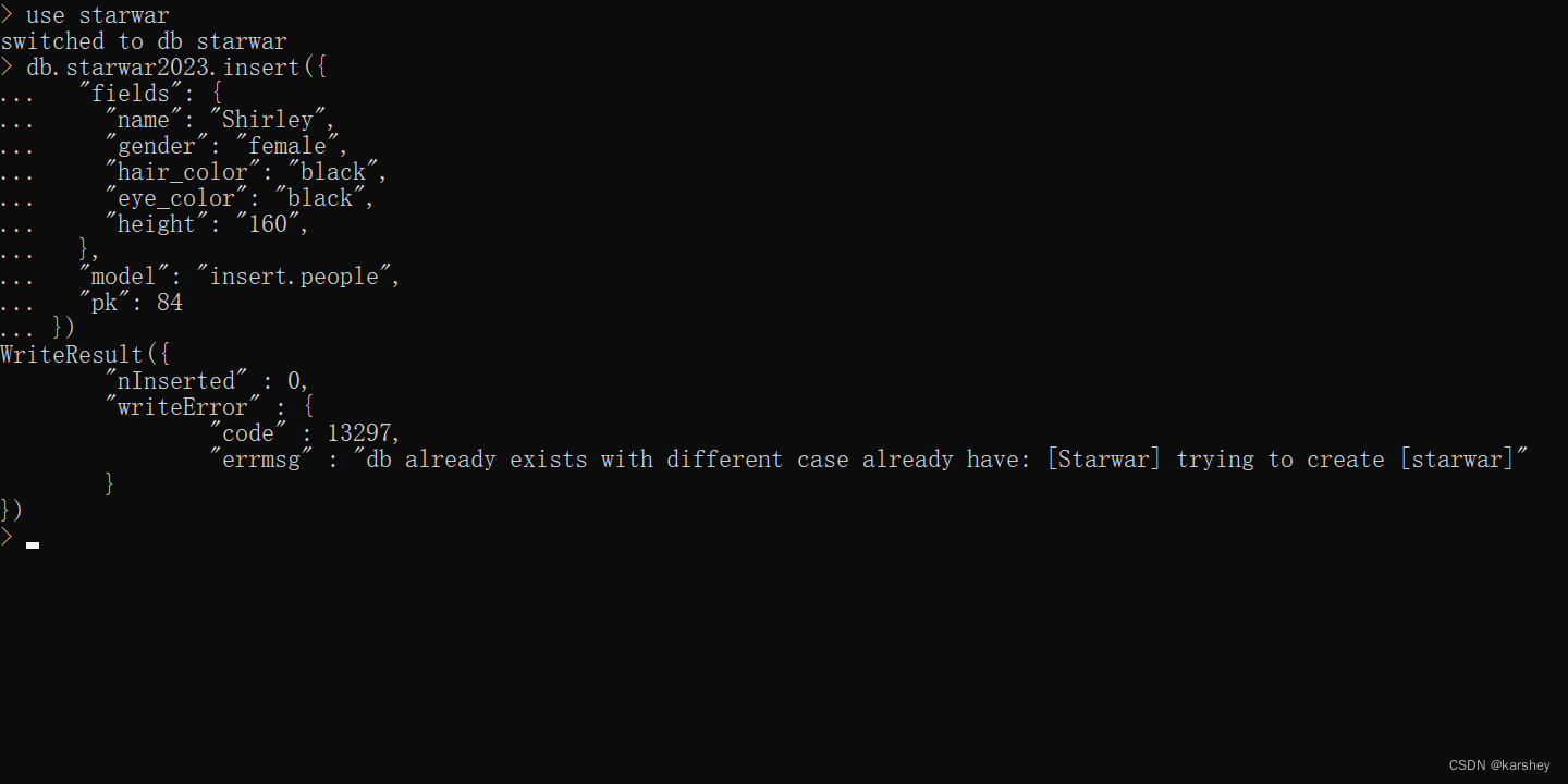 【MongoDB bug】“errmsg“ : “db already exists with different case already have: [Starwar] trying to ...