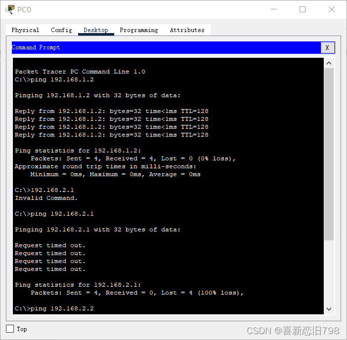 计算机网络——Cisco Packet Tracer 实验_设计方案使pc0能ping通pc1_喜新恋旧798的博客-CSDN博客