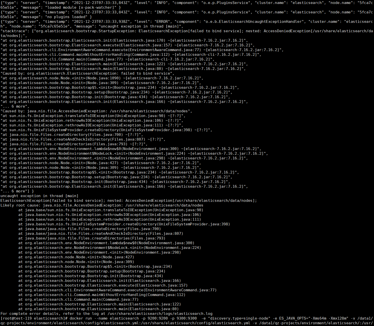 docke启动elasticsearch容器挂载数据目录报 AccessDeniedException: /usr/share/elasticsearch/data/nodes错误_es ...