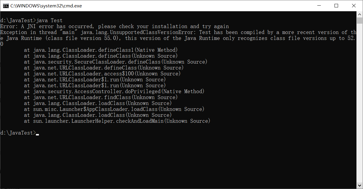 使用java命令运行编译好的代码报错：Error: A JNI error has occurred, please check your installation and try again ...