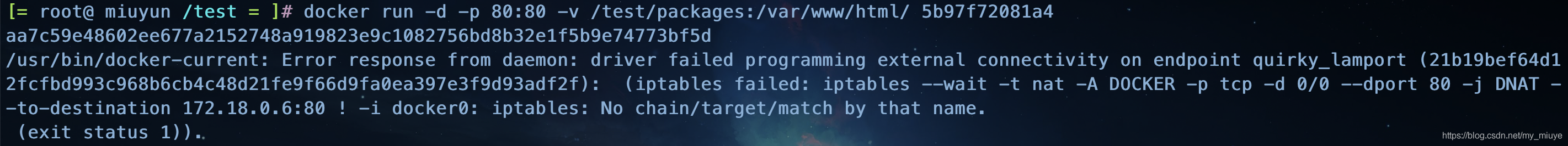 /usr/bin/docker-current: Error response from daemon: driver failed programming external ...