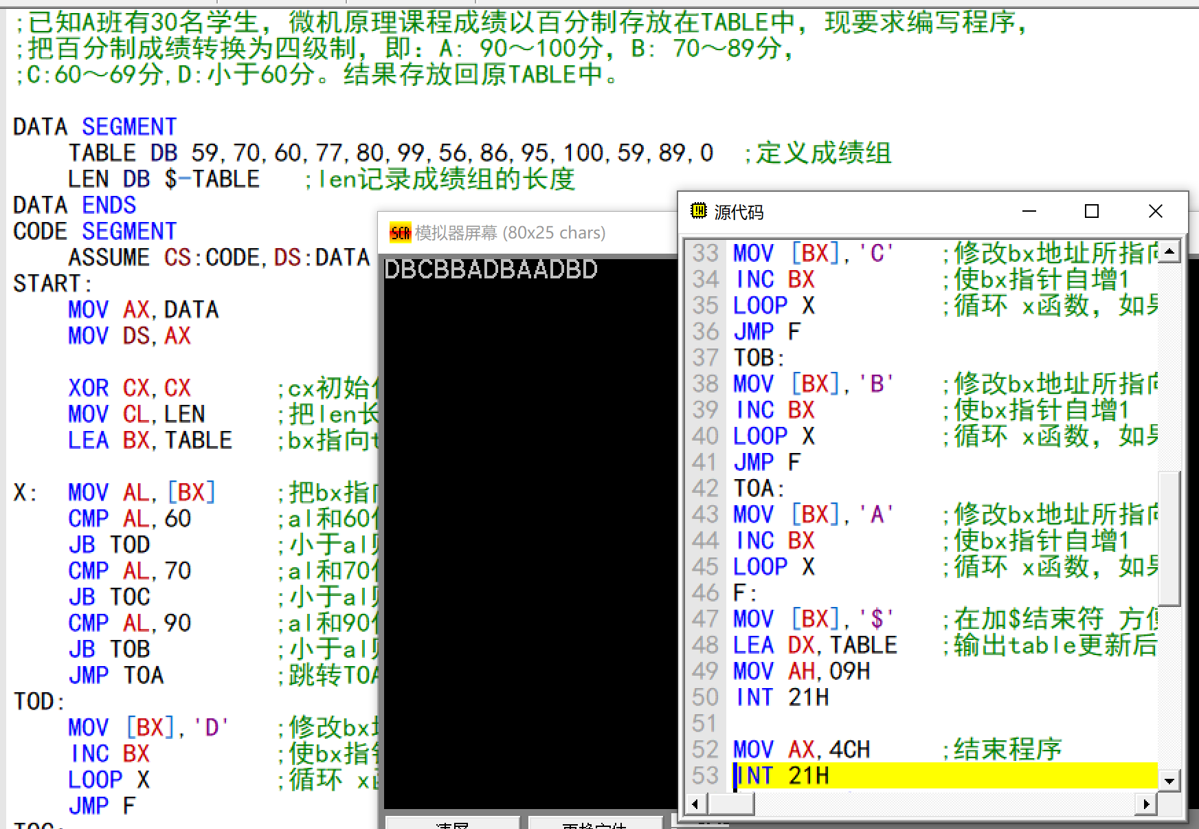 已知a班有30名学生，微机原理课程成绩以百分制存放在table中，现要求编写程序，把百分制成绩转换为四级制，即：a 90～100分，b 70～89分，c60～69分d小于60分。结果