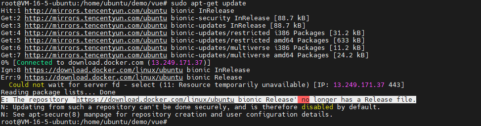 E: The repository ‘https://download.docker.com/linux/ubuntu bionic Release‘ no longer has a ...