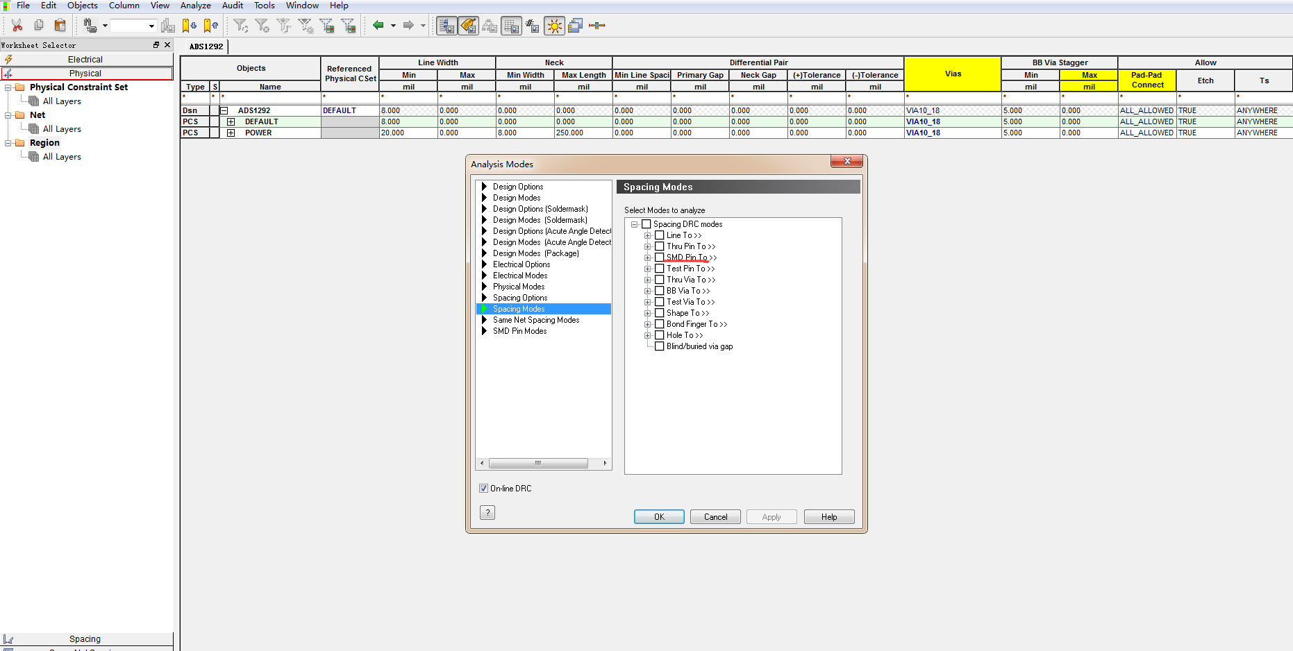 cadence的SMD pin to SMD pin spacing问题(元件本身的引脚间距过小造成的DRC错误)_shape to smd ...