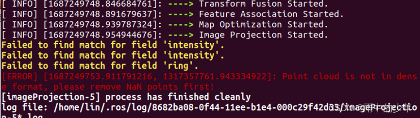 Lego loam运行kitti出现:Failed to find match for field ‘intensity‘.Failed to find match for field ...