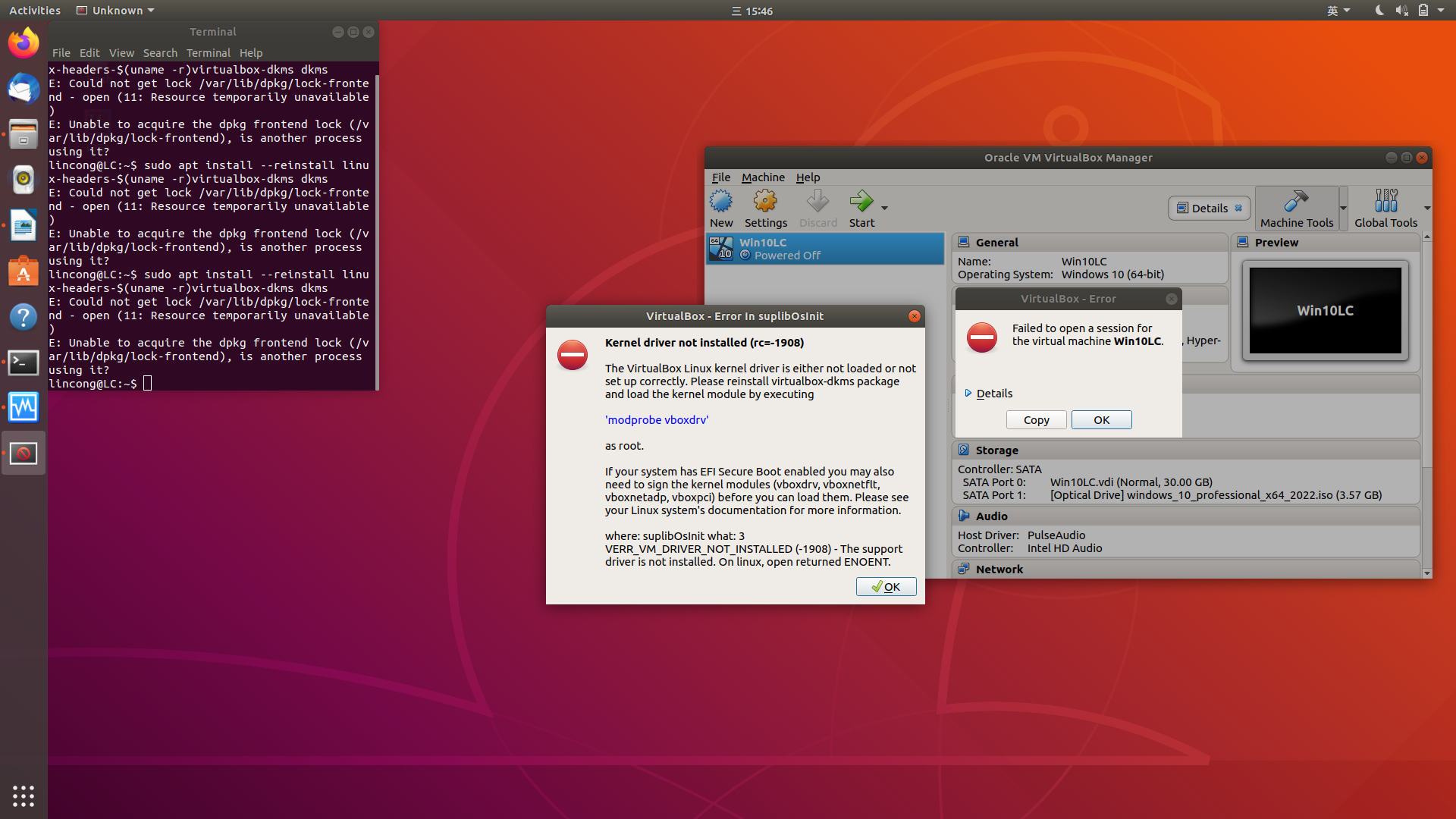 【未解决】ubuntu系统上安virtualbox虚拟机装win10一路踩坑_the virtualbox linux kernel driver is either not l-CSDN博客