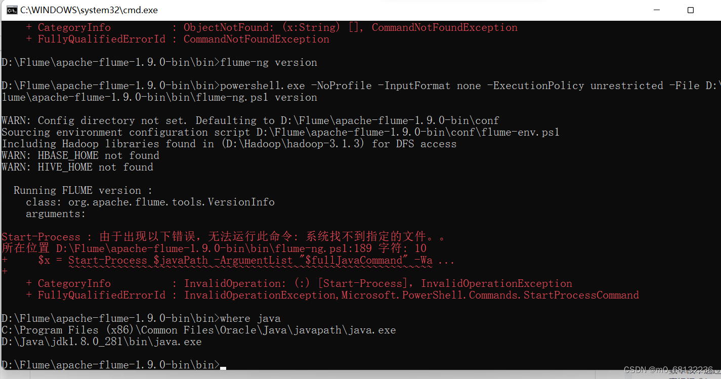 测试flume安装，出现Start-Process : 由于出现以下错误，无法运行此命令: 系统找不到指定的文件。。所在位置 D:\Flume\apache-flume-1.9.0-bin ...