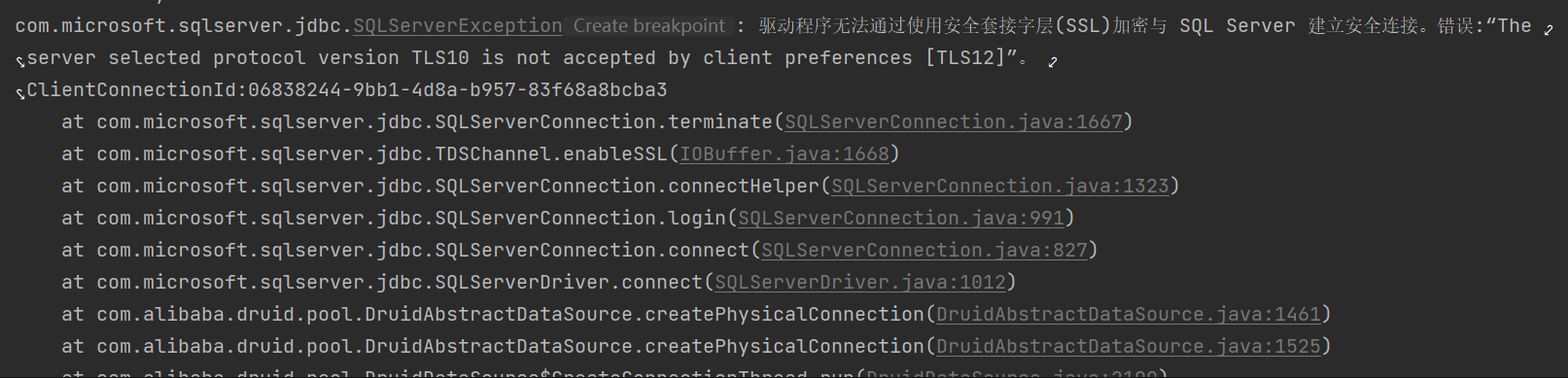 启动项目，报错：The server selected protocol version TLS10 is not accepted by client preferences [TLS12 ...