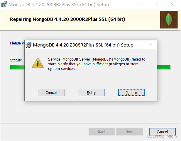 安装mongodb出现服务启动失败 服务没有响应控制功能 Status Service ‘mongodb Server Mongodb