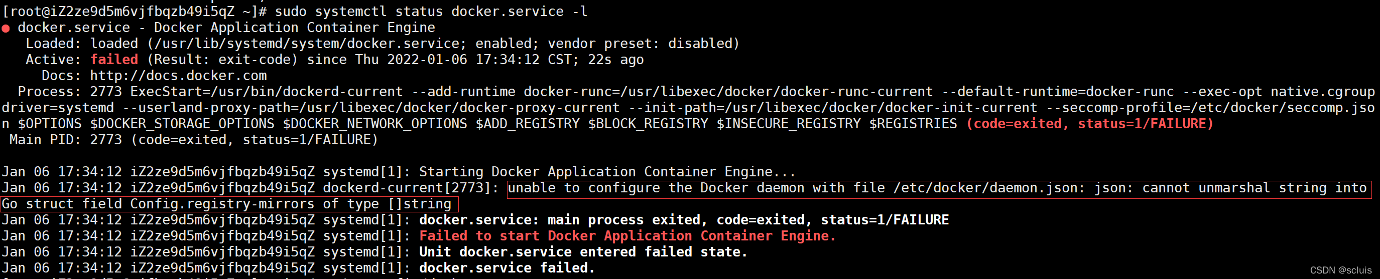 Docker启动报错unable To Configure The Docker Daemon With File Daemon Json