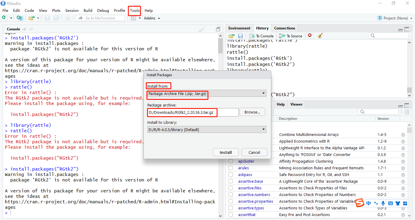 R语言安装本地包、Warning in system(cmd) : ‘make‘ not found、安装和R版本匹配的Rtools_warning in system(cmd ...