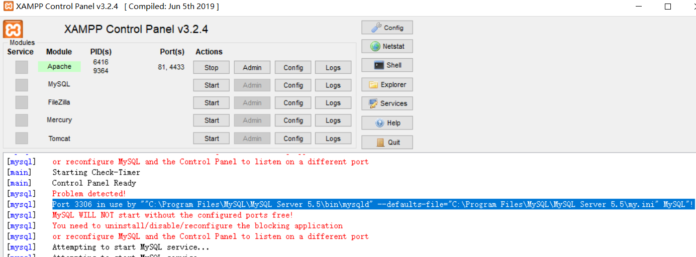 【XAMPP启动mysql报错】Port 3306 in use by ““C:\Program Files\MySQL\MySQL ...