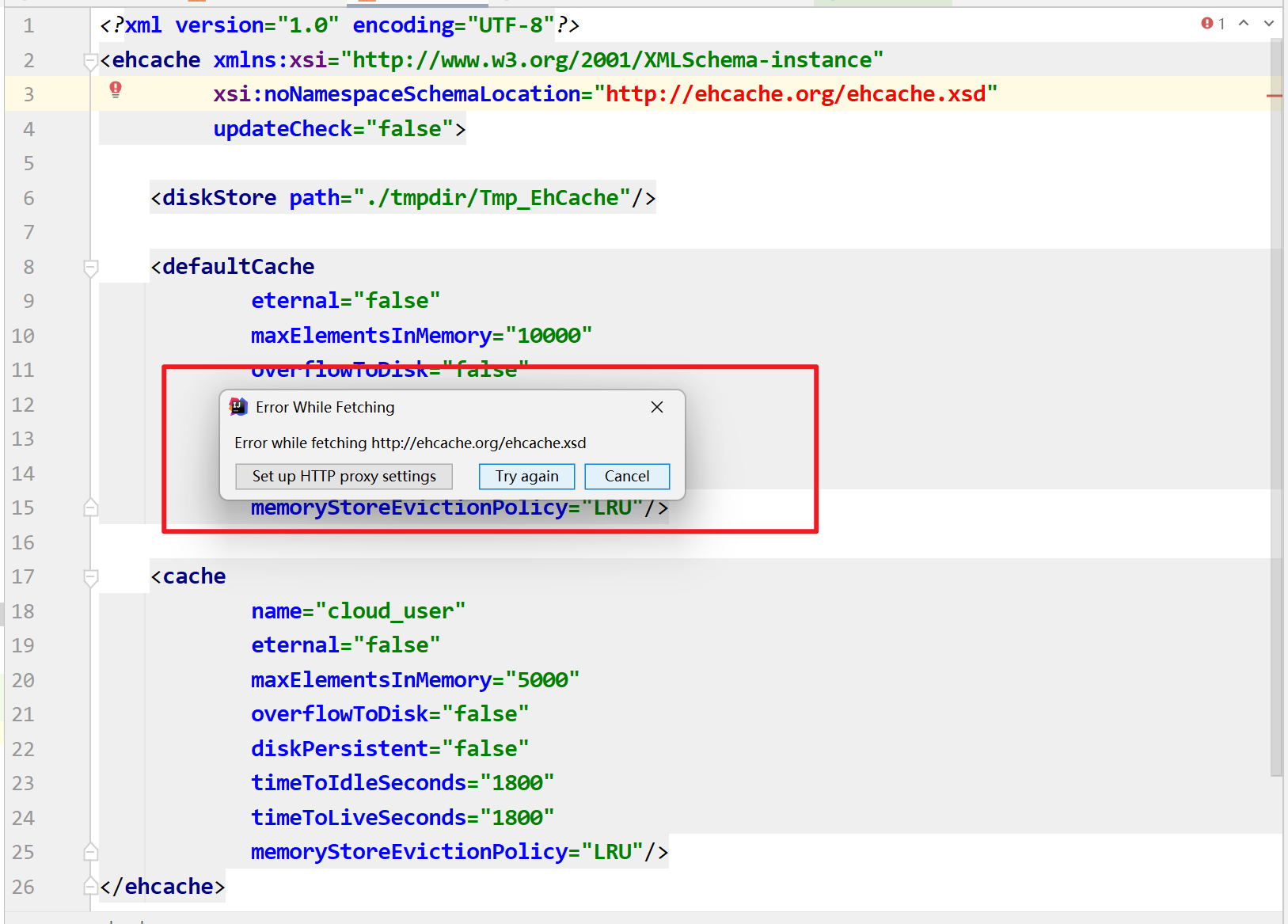 ehcache配置文件报错:http://ehcache.org/ehcache.xsd_ehcache-spring-1.1.xsd报错-CSDN博客