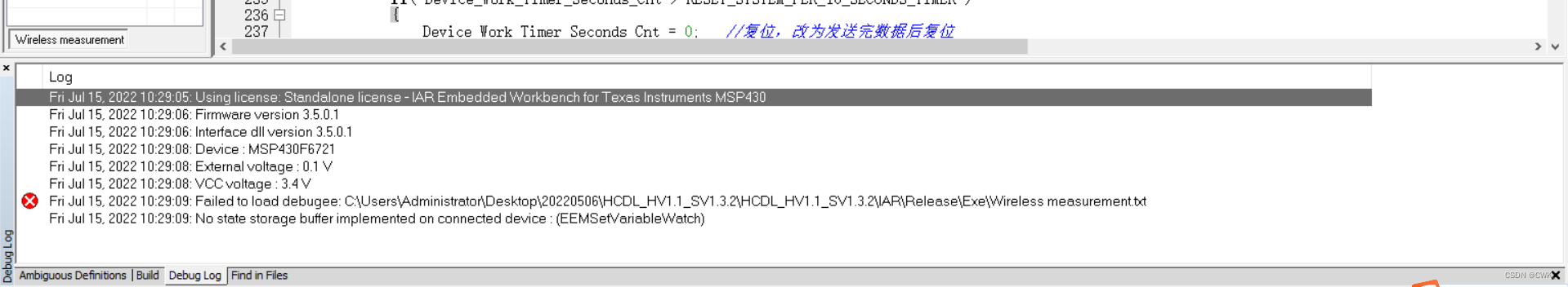 MSP430通过IAR下载时出现的Failed to load debugee: C:\XX\XXIAR\Release\Exe\Wireless measurement.txt无法下载程序的 ...