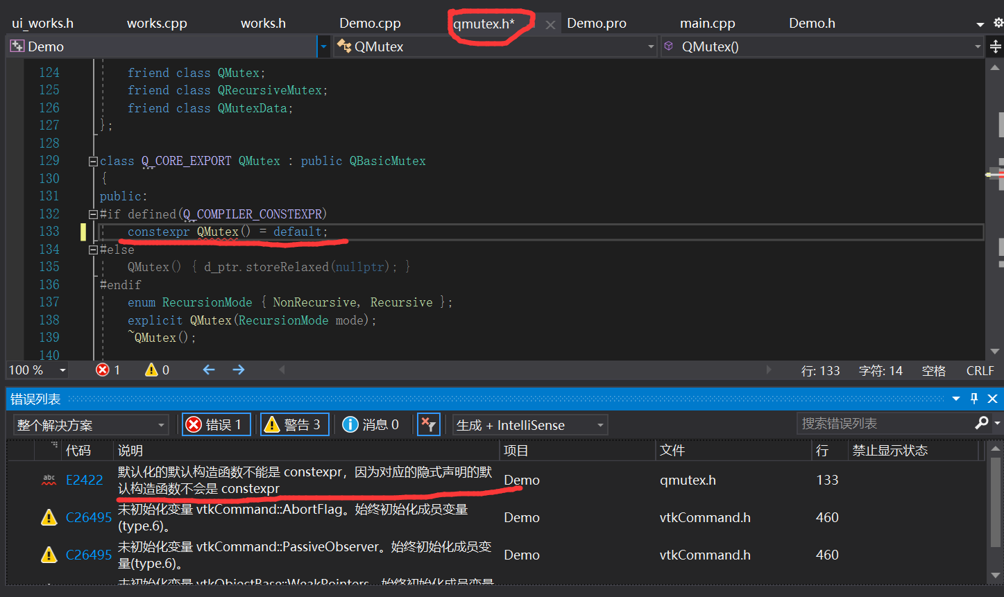 qmutex.h文件默认构造函数里constexpr类型报错解决_默认化的默认构造函数不能是 constexpr,因为对应的隐式声明的默认构造函数不会是-CSDN博客