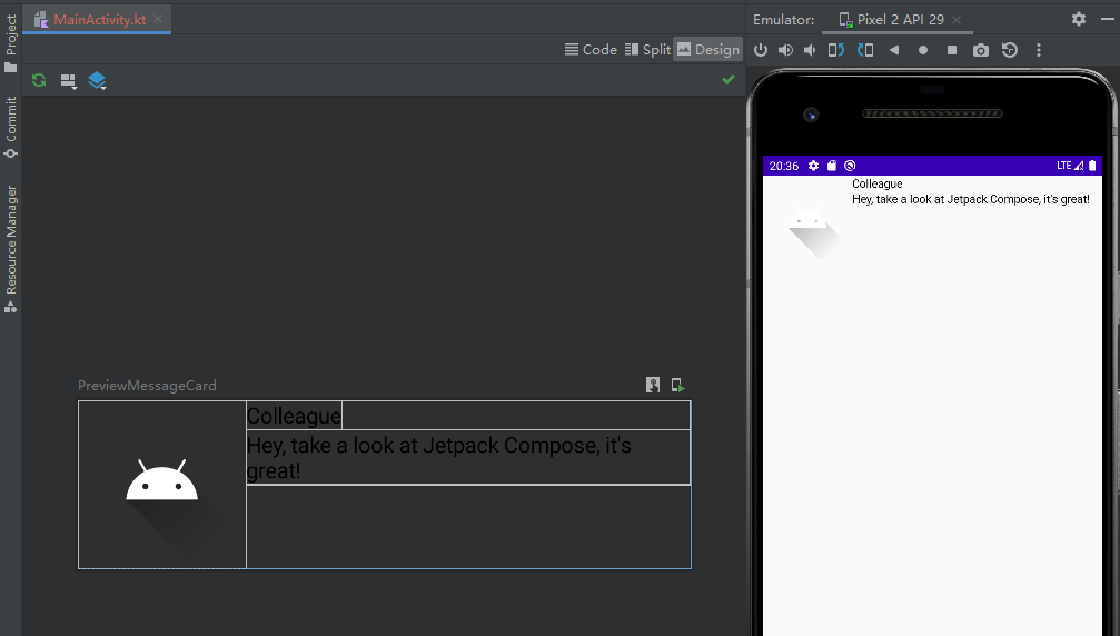 【android Jetpackcompose】1、实战聊天界面： Compose 可组合函数、用 Row 和 Column 设计布局、materialdesign 样式、列表、动画