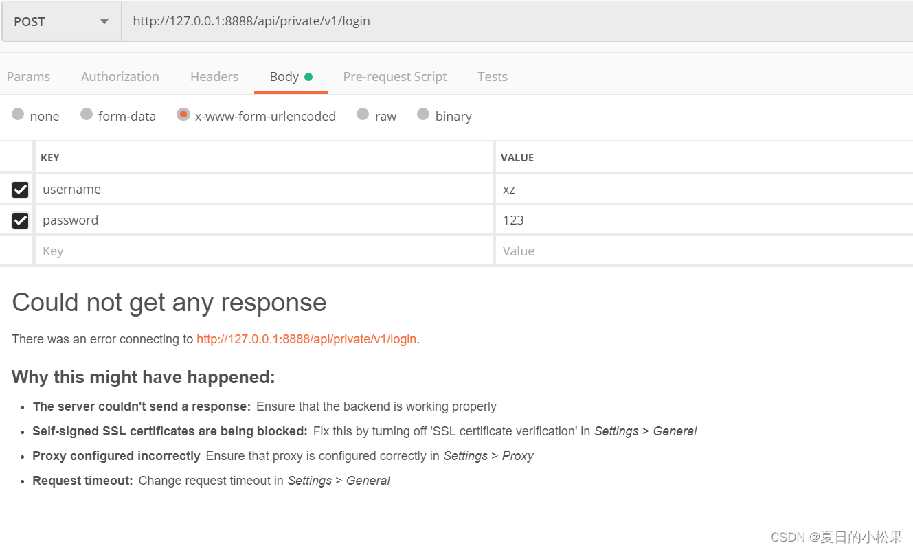 There was an error connecting to http://127.0.0.1:8888/api/private/v1/login._there was an error ...