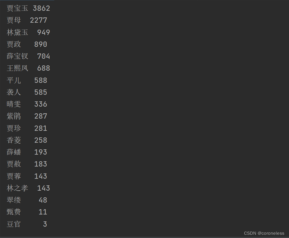 Python词频统计——《红楼梦》人物出场次数统计python人物出场统计 Csdn博客
