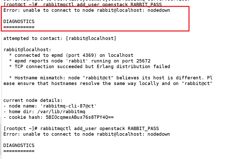 故障排错：Error: unable to connect to node rabbit@localhost: nodedown_error: unable to connect to ...