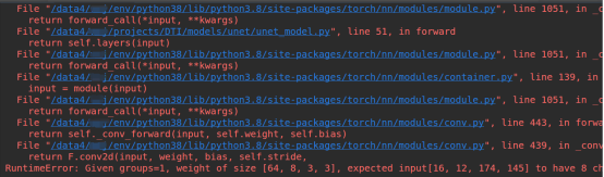 【Python/Pytorch - Bug】-- RuntimeError: ,expected input[16，12，174，145] to have 8 channels,but got ...
