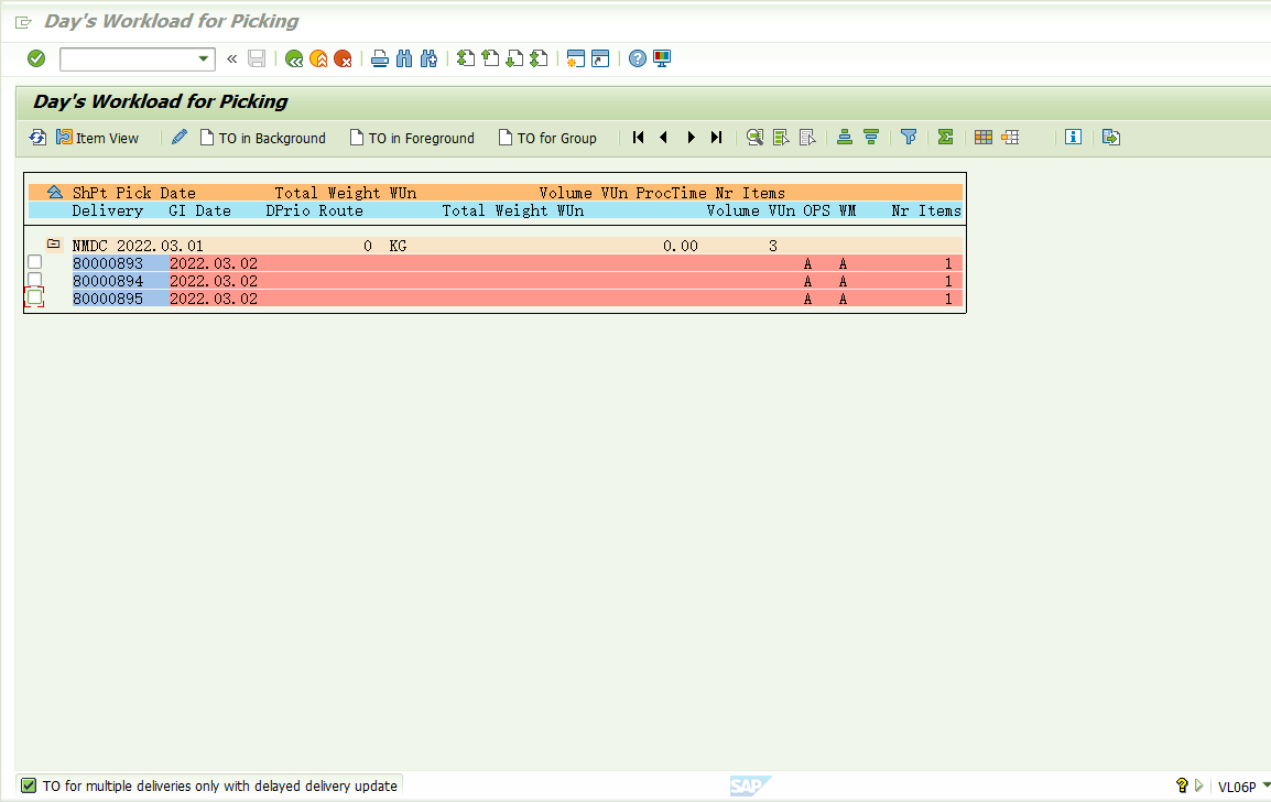 SAP WM 执行VL06P为交货单创建组，报错-TO for multiple deliveries only with delayed ...