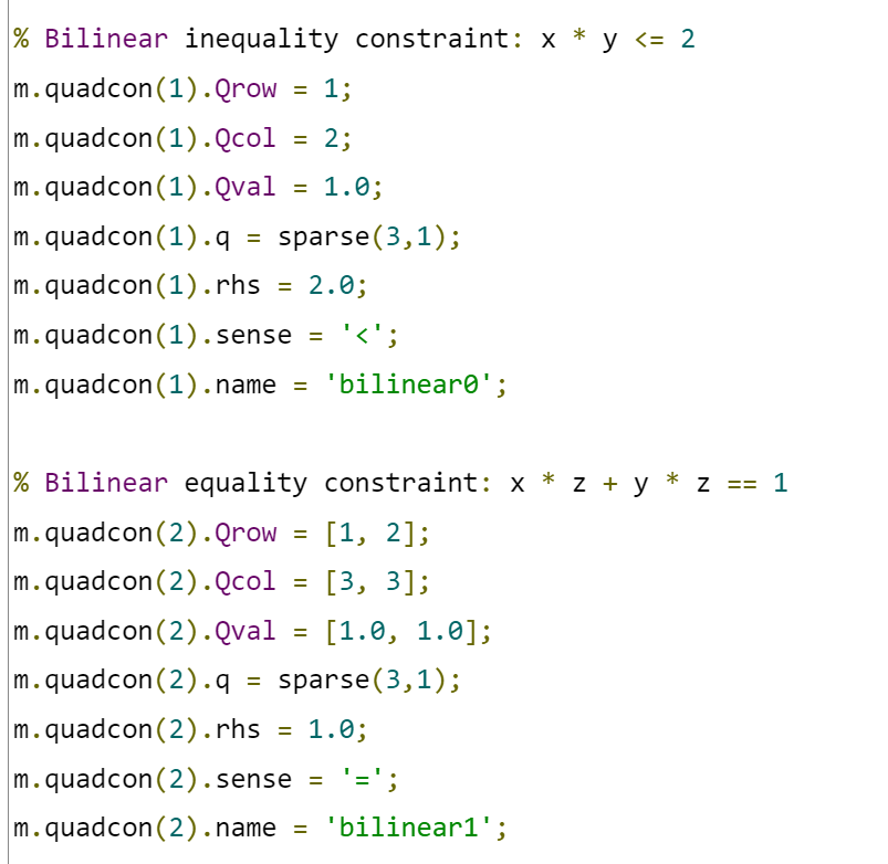 MATLAB+Gurobi: 求解bilinear问题 & General QP_qrow,qcol ,qval ,q-CSDN博客