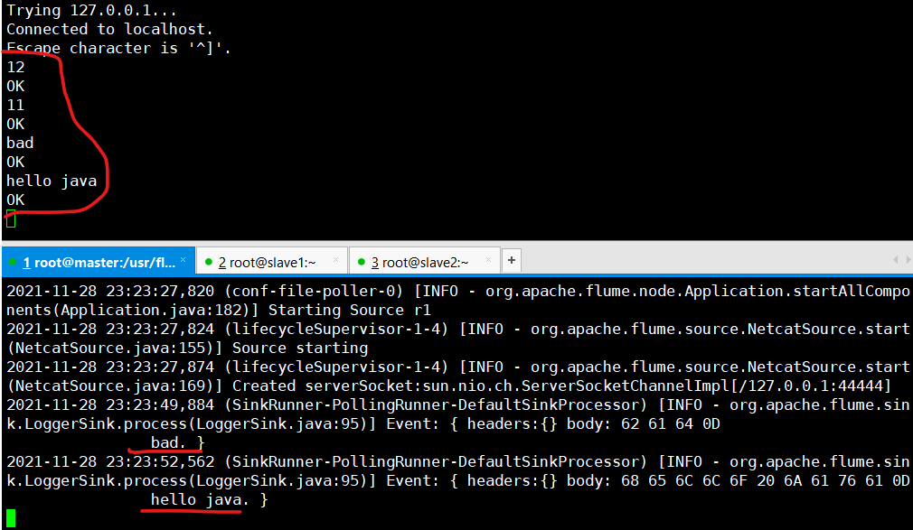 Flume：搭建配置以及 source读取在netcat、http，sink 落实在本地、HDFS_二、配置flume,sources使用netcat,监听55555端口,并启动,通过 ...