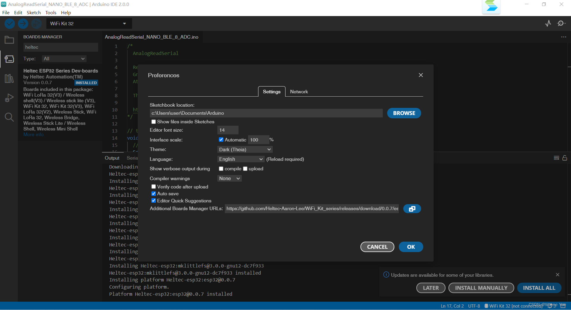 【Arduino安装heltec失败】 IDE 2.0 无法安装成都惠特heltec esp32板卡库，Error: 2 UNKNOWN: Get “https://github.com ...