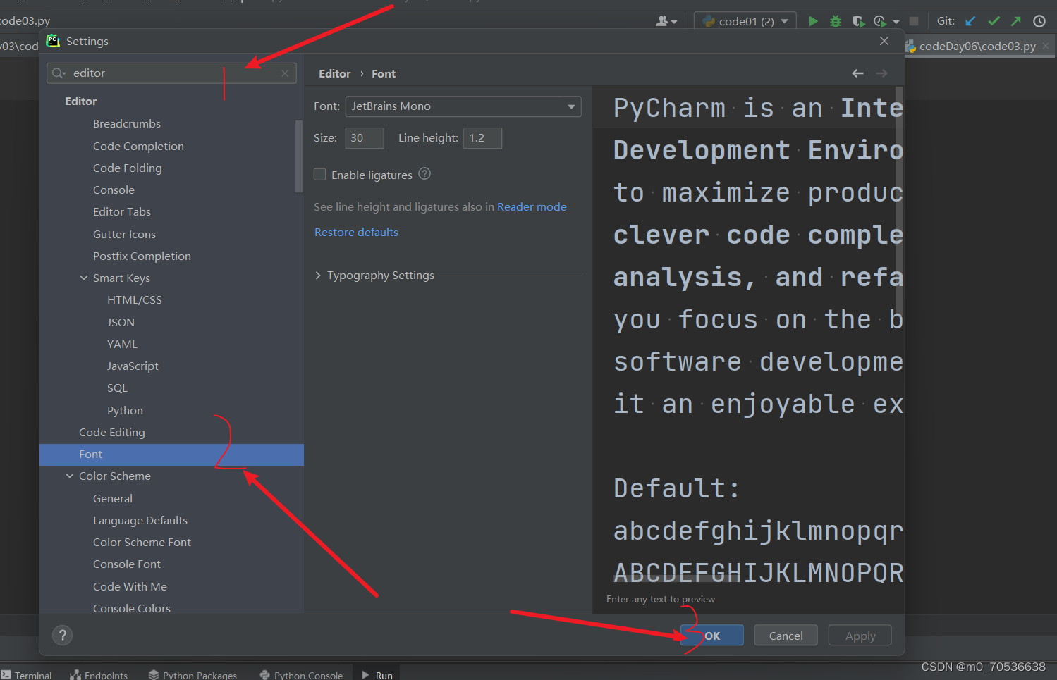 Pycharm中调整字体_pycharm设置非代码字体-CSDN博客