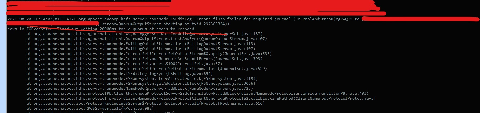解决NameNode写Journalnode超时，导致NameNode挂掉问题(Timed out waiting 20000ms for a quorm of nodes to ...