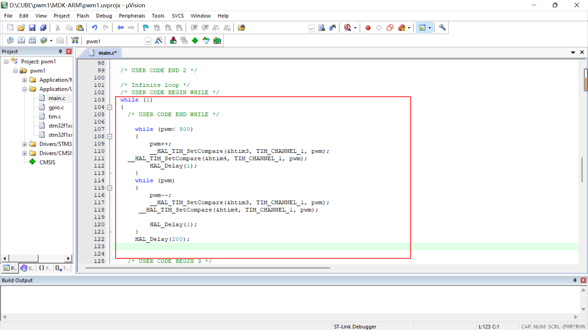 使用TIM3和TIM4，分别输出一个PWM波形，PWM的占空比随时间变化，去驱动你外接的一个LED以及最小开发板上已焊接的LED（固定接在 PC13 GPIO端口），实现2个 LED呼吸灯的 ...