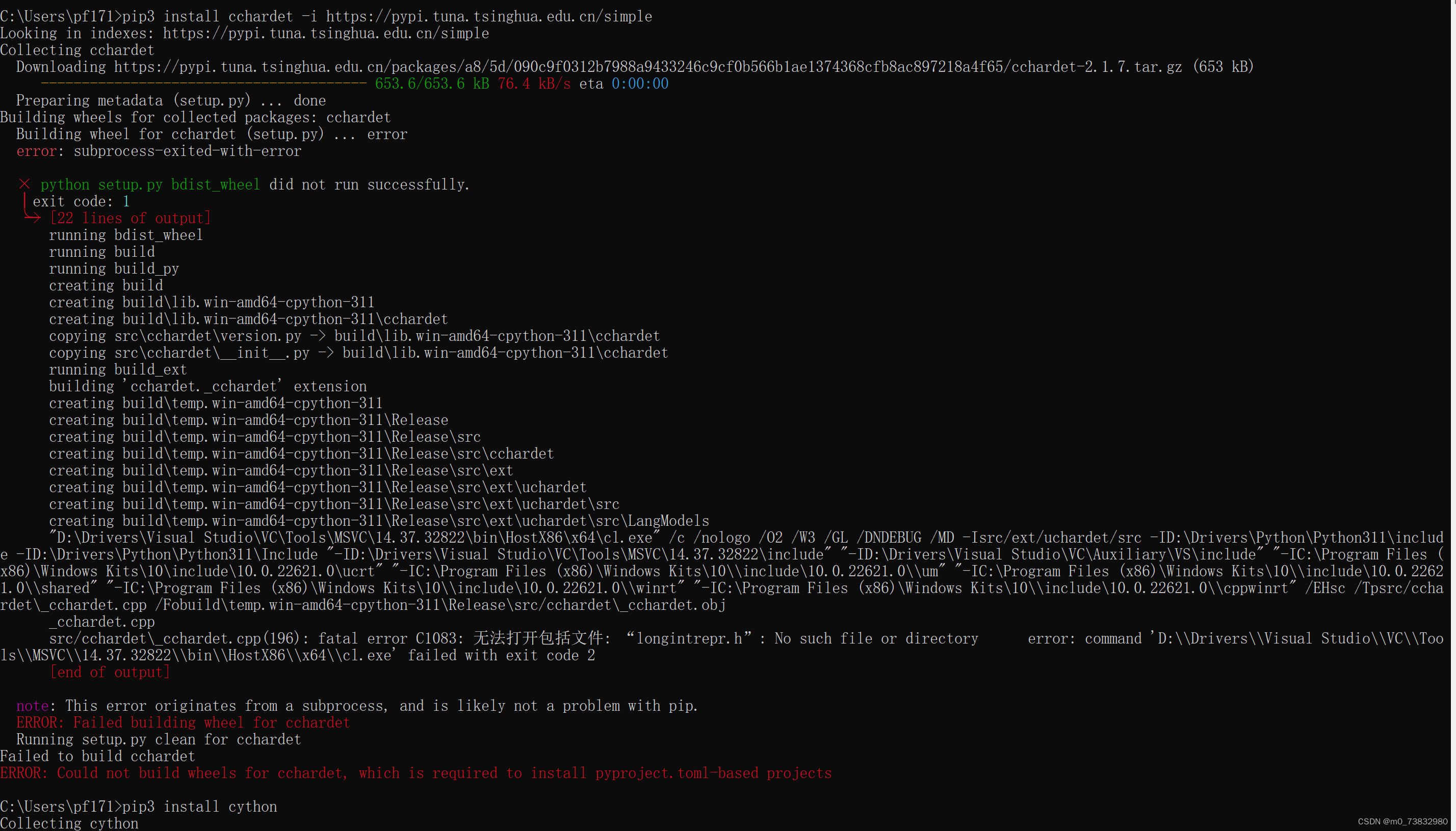 安装字符编码检测库 cchardet 失败_could not build wheels for cchardet, which is requ-CSDN博客