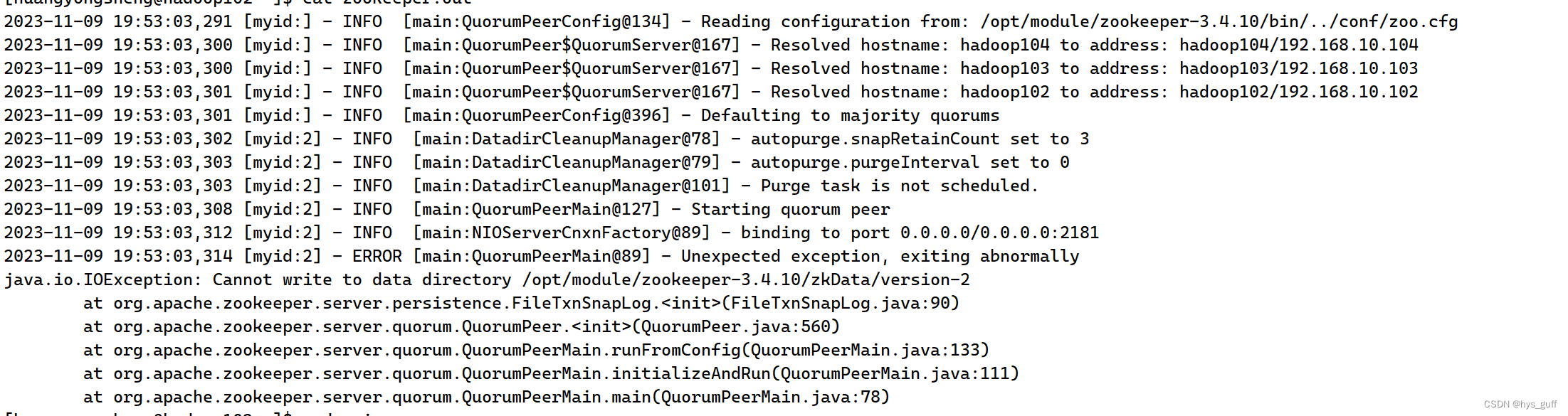 zookeeper报错java.io.IOException: Cannot write to data directory /opt/module/zookeeper-3.4.10 ...