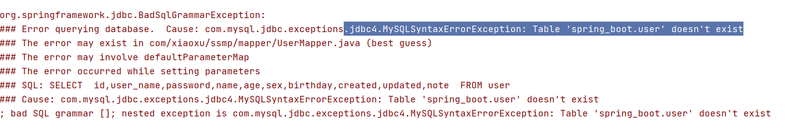 spring-boot项目：MySQLSyntaxErrorException: Table ‘spring_boot.user‘ doesn‘t exist_table 'spring ...