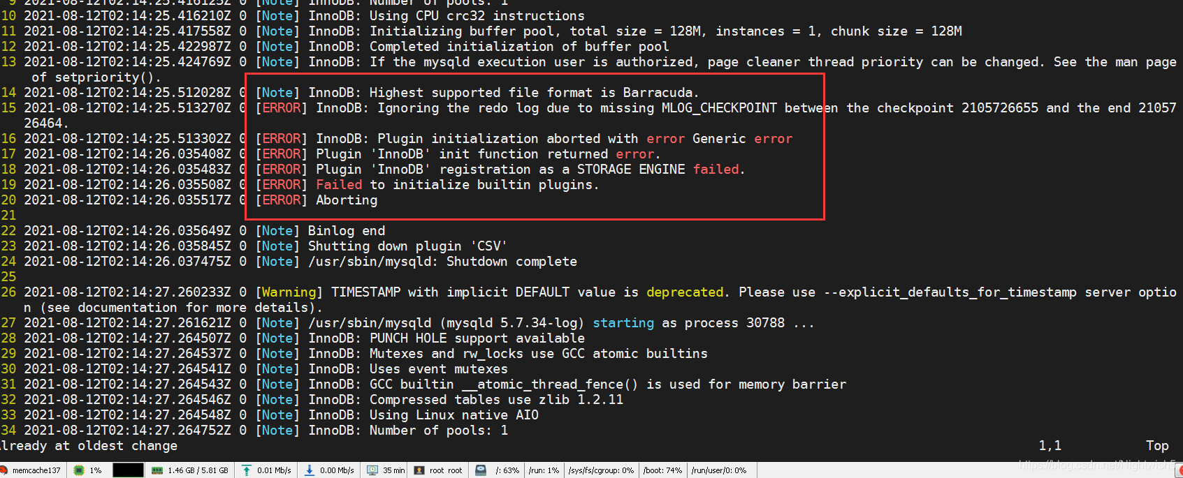 开机异常Failed to open /sysroot/etc/fstab:Input 和 mysql无法启动 Ignoring the redo log due to missing ...