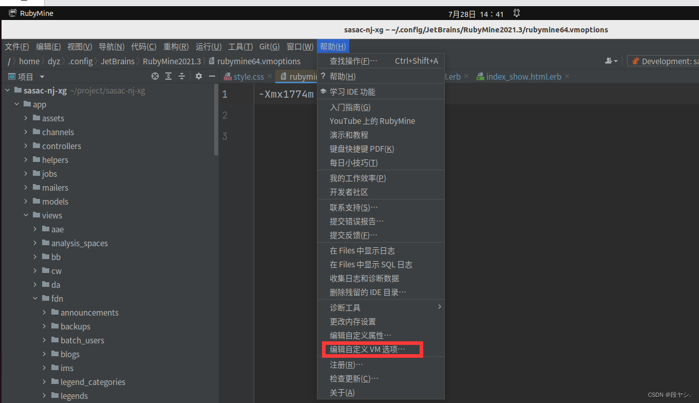 Ubuntu下的rubyMine上修改rubymine64.vmoptions文件后，导致rubymine无法打开。_rubymine vmoptions 配置-CSDN博客
