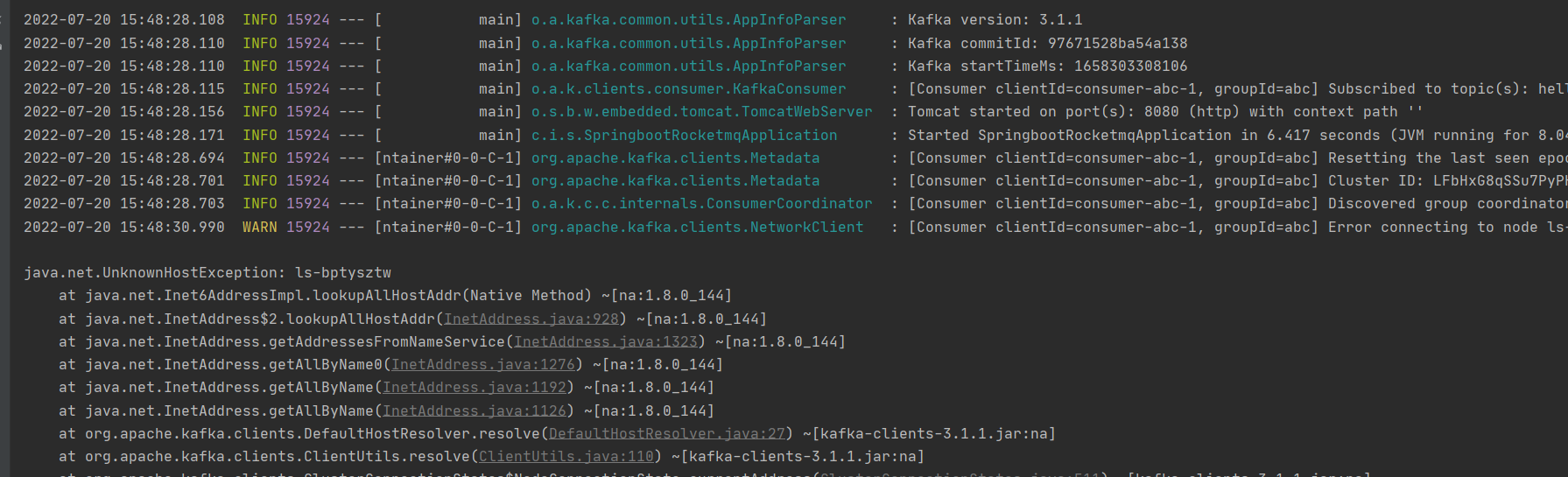 kafka报错:java.net.UnknownHostException: ls-bptysztw – 源码巴士