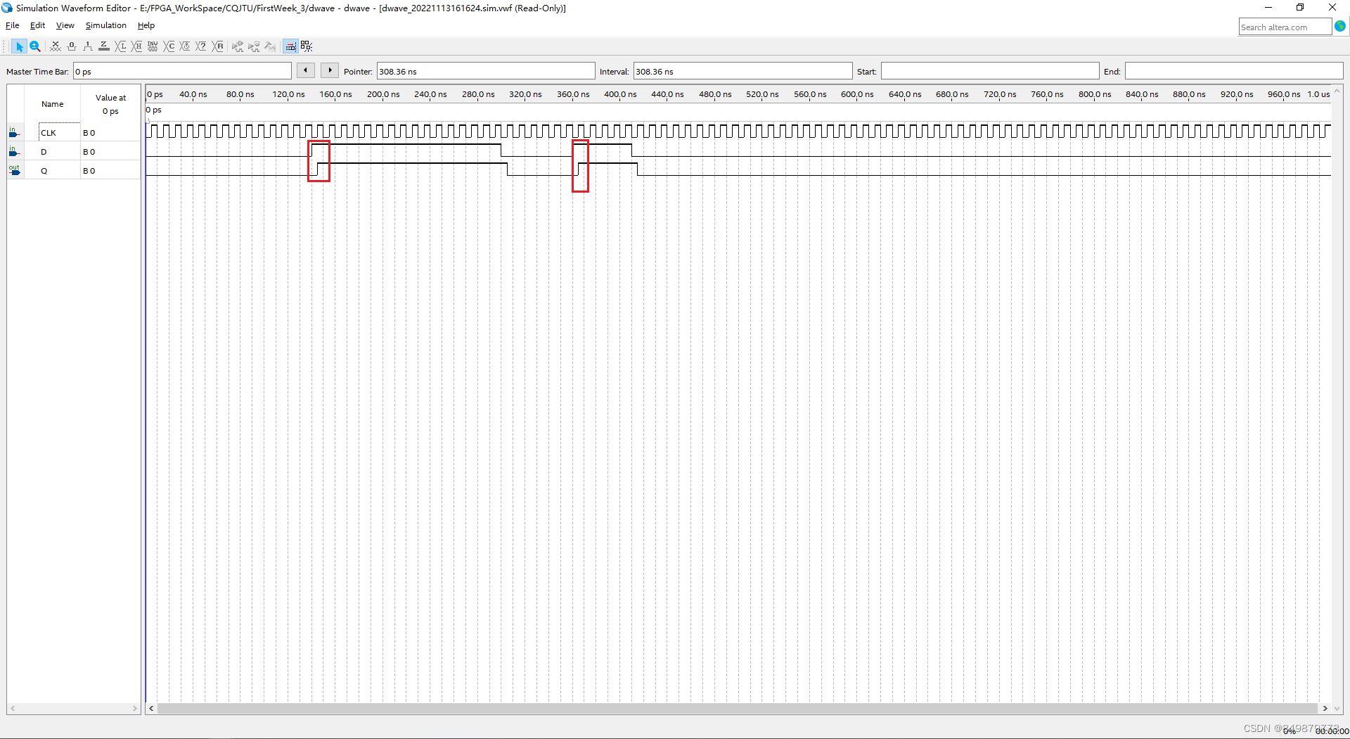 Quartus D触发器及时序仿真_quartus9的verilog程序仿真-CSDN博客
