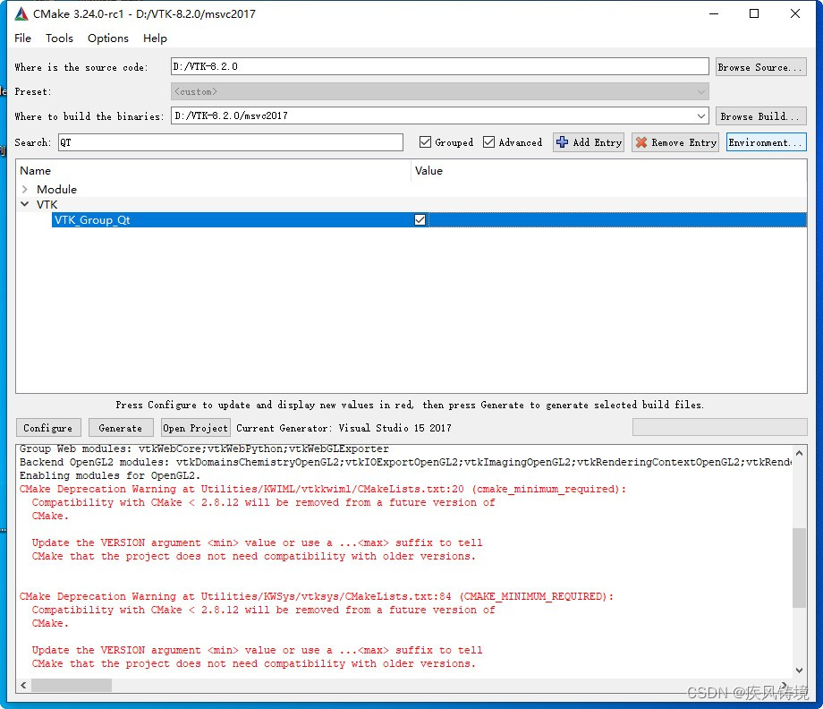Win10下使用CMAKE+VS2017编译VTK8.2步骤带图文和测试_cmake msvc2017-CSDN博客