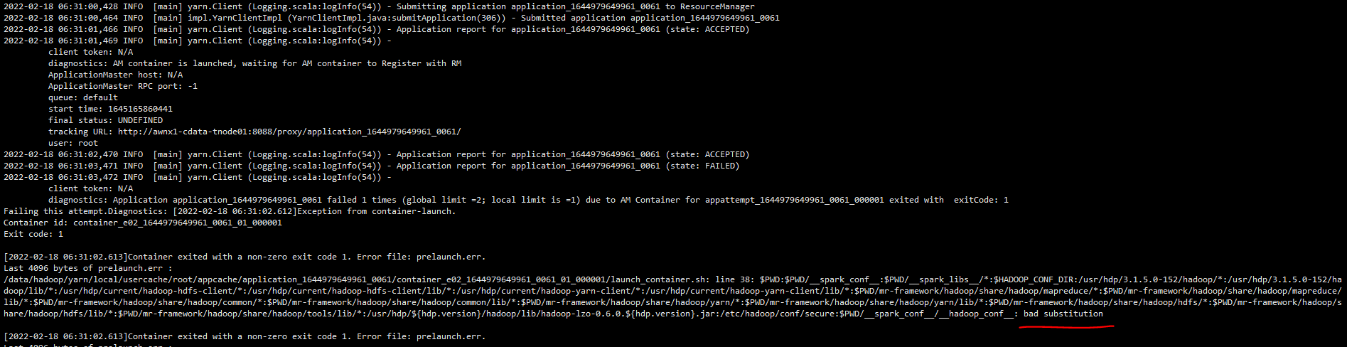 hdp集成apache spark提交任务时报错:bad substitution_am container is launched, waiting for am container-CSDN博客