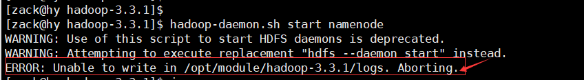 Hadoop 运行时发生异常：ERROR: Unable to write in /opt/module/hadoop-3.3.1/logs. Aborting._unable to ...