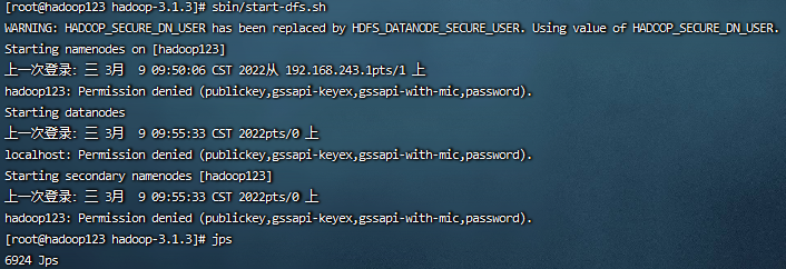 hadoop3.x伪分布式搭建，在启动HDFS时出现Permission denied (publickey,gssapi-keyex,gssapi-with-mic,password ...