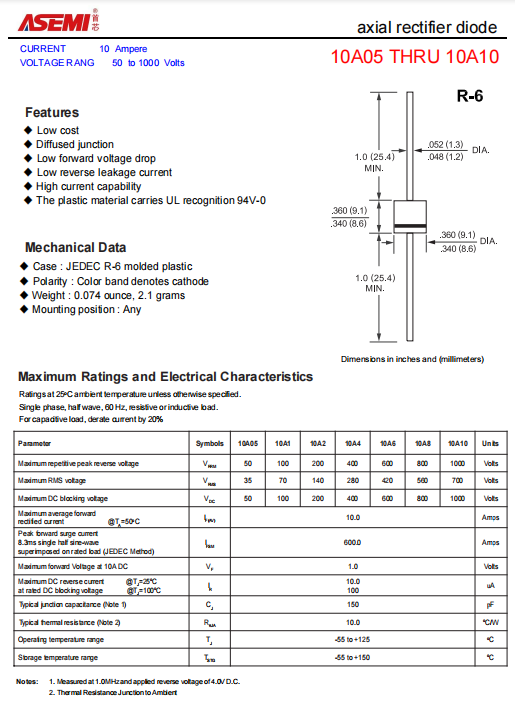 ASEMI整流二极管10A10参数，10A10压降，10A10作用_10a10二极管参数-CSDN博客