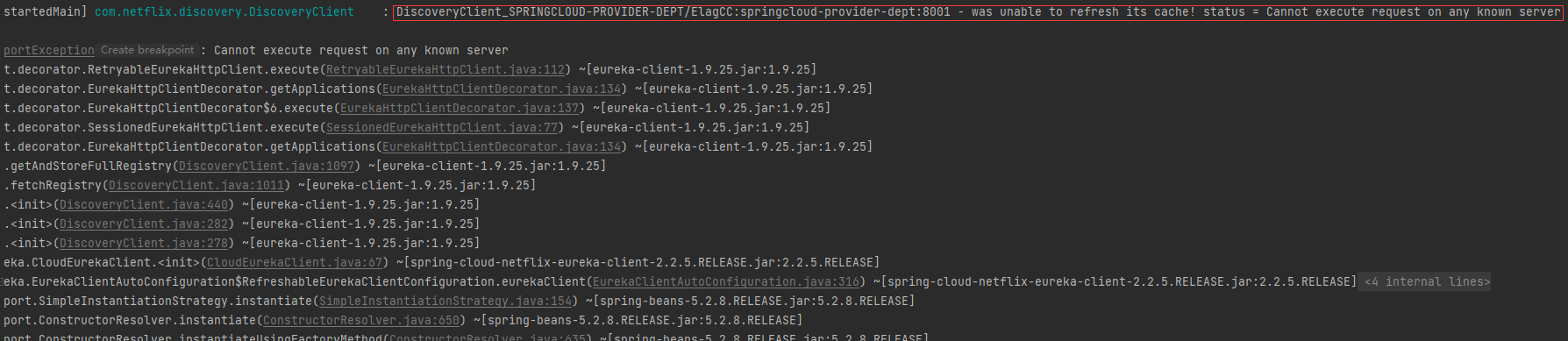 Eureka客户端启动报错（was unable to refresh its cache status=Cannot execute request on any known server ...