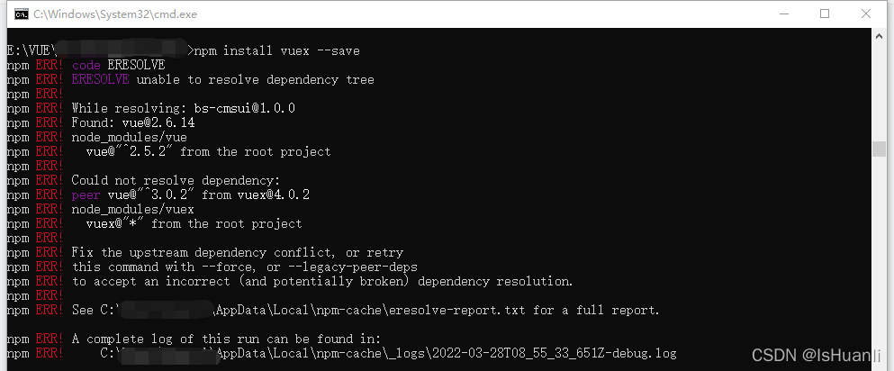 Vue2安装vuex报错:npm Err Code Eresolve Npm Err Eresolve Unable To Resolve Dependency Tree Csdn博客
