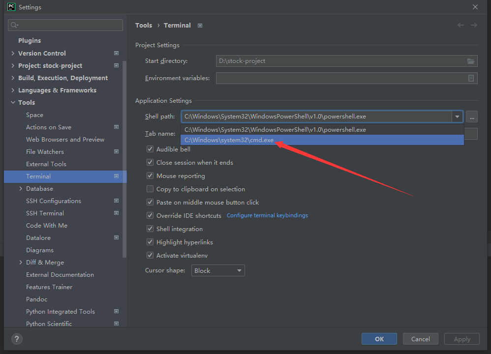 pycharm中的terminal运行从PS修改成cmd_pycharm终端 改成cmd-CSDN博客