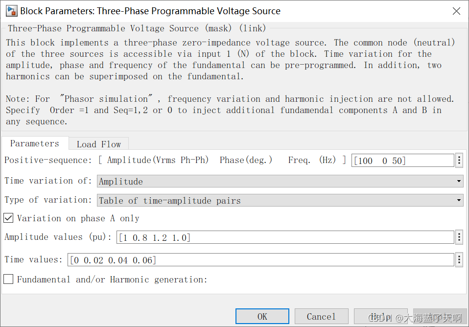 Matlab Simulink电力电子仿真三相可编程电压源three Phase Programmable Voltage Source的设置与使用 Three Phase