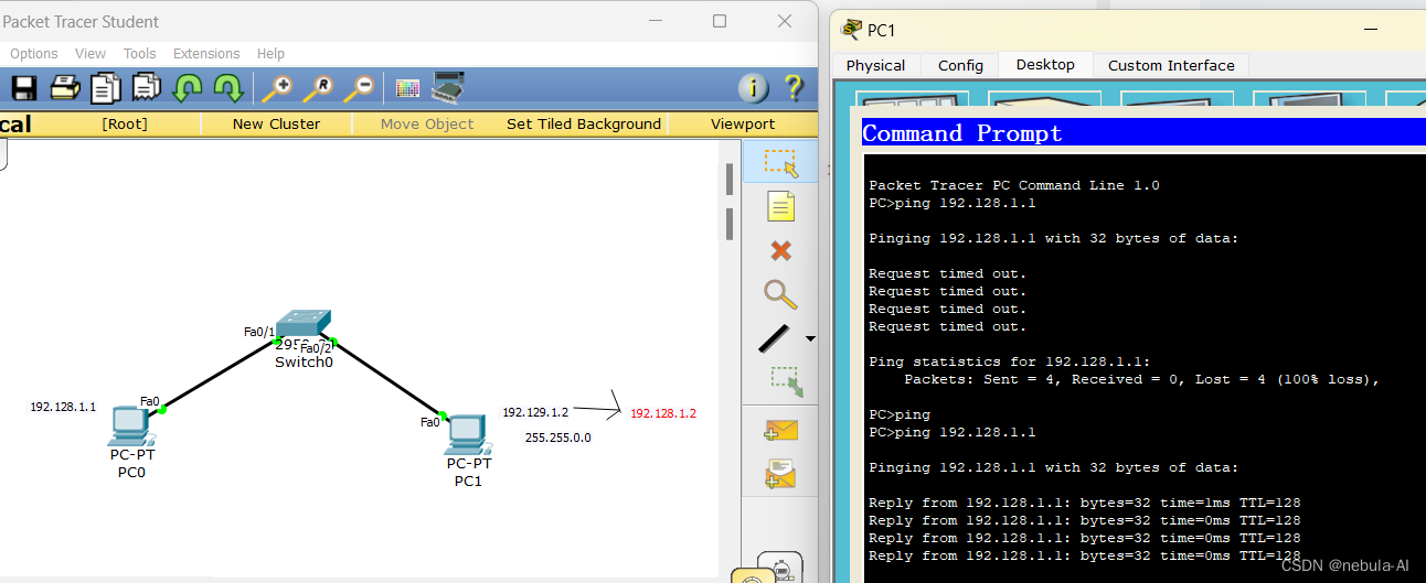Cisco Packet Tracer 用一台交换机连接两台pc_packet tracer中pc pnig交换机回应超时-CSDN博客