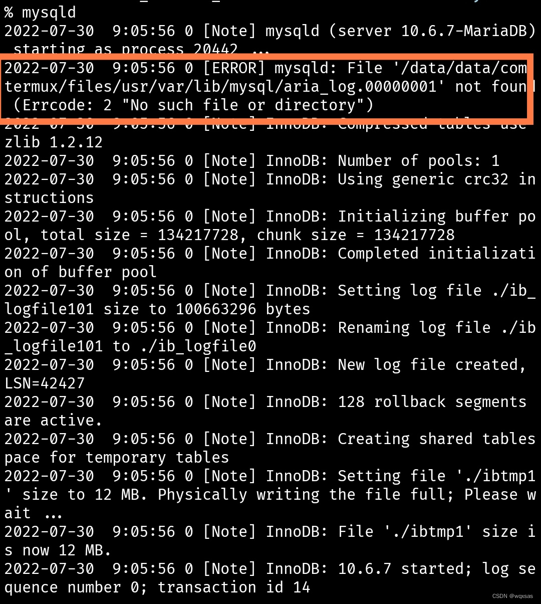 Termux下mariadb卸载重装后运行mysqld报错 [ERROR] InnoDB: Missing FILE_CHECKPOINT at 42427 between the ...